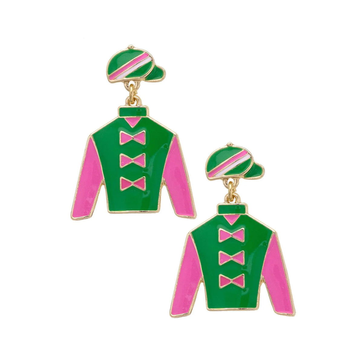 Pegasus Jockey Silks Enamel Drop Earrings - Green & Pink — Horse and ...