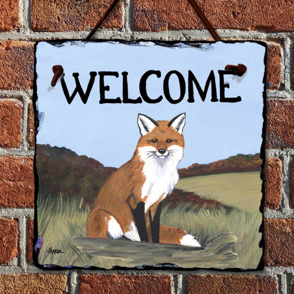 Sitting Fox Welcome Hanging Slate Sign — Horse and Hound Gallery